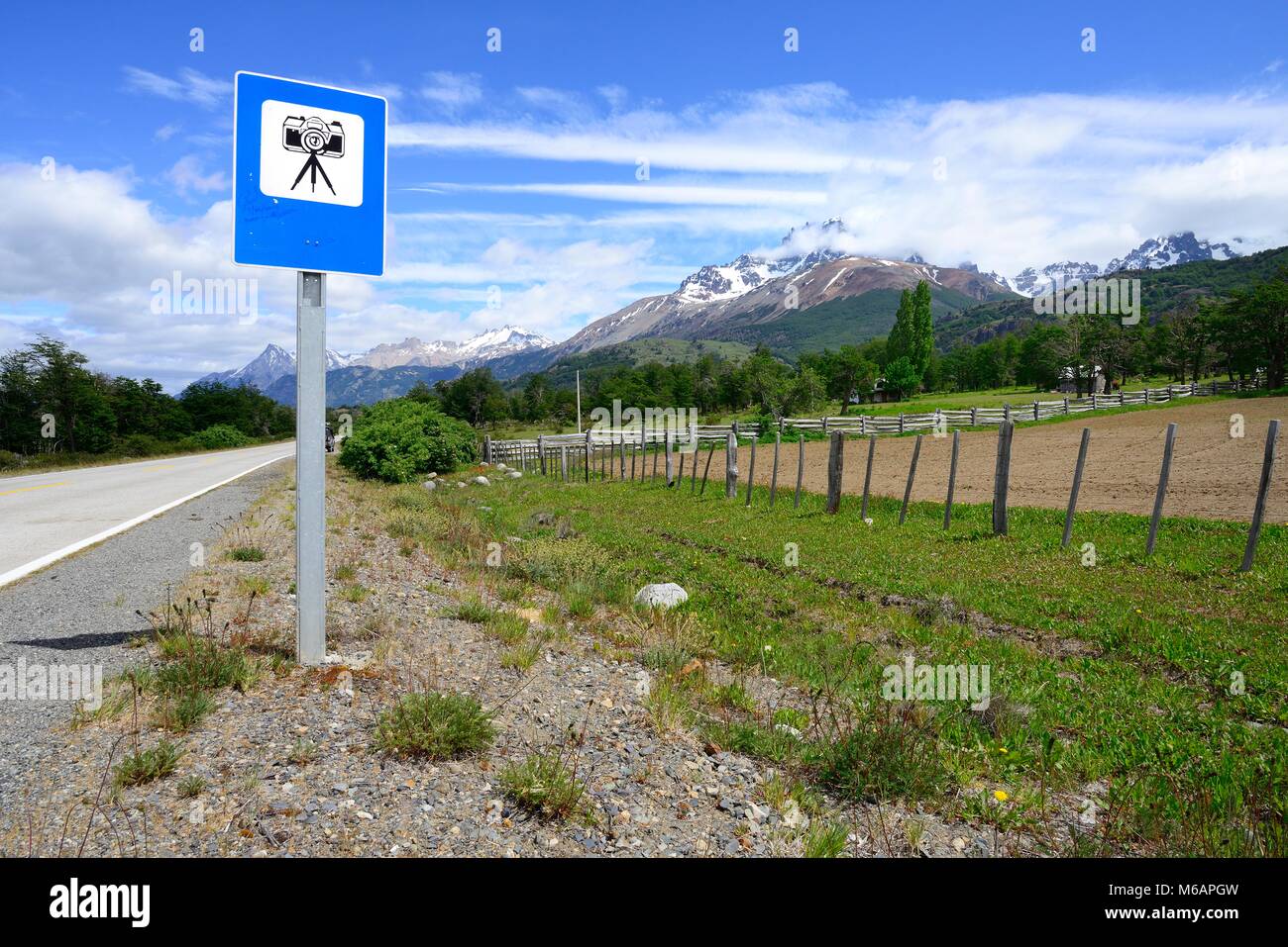 Photopoint sign, Cerro Castillo in the background, Carretera Austral ...