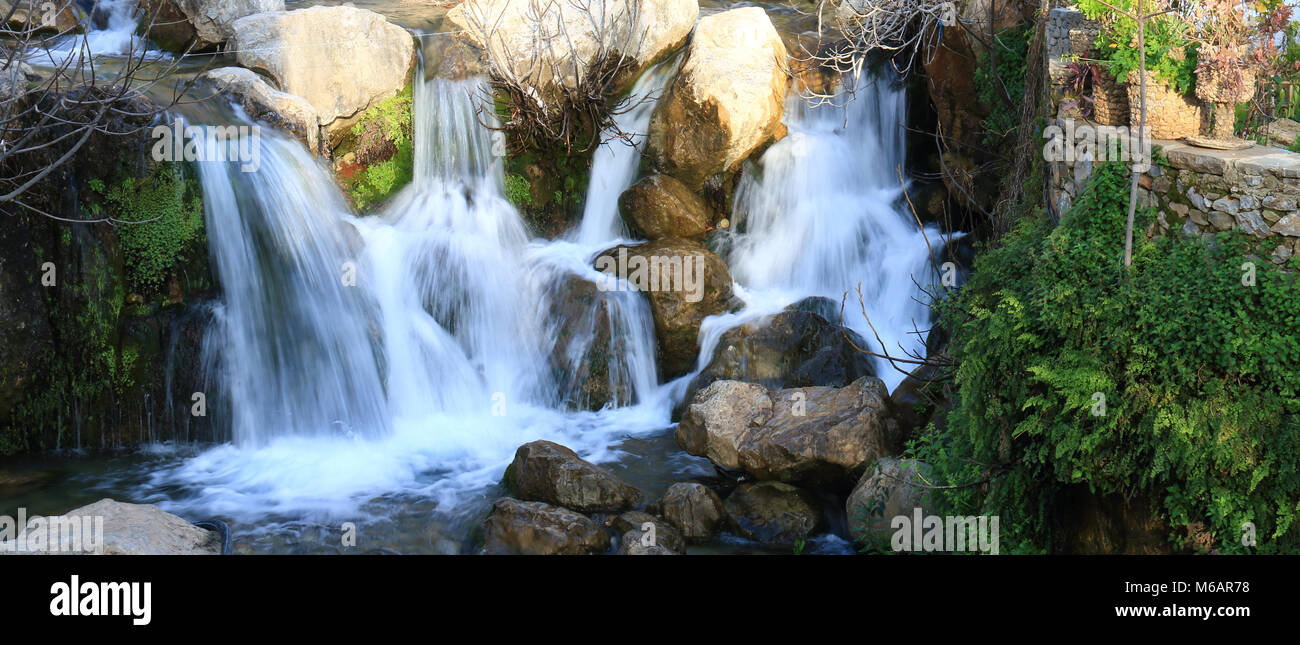 Waterfall at the Ras Elma spring in the town of Chefchaouen in northern ...