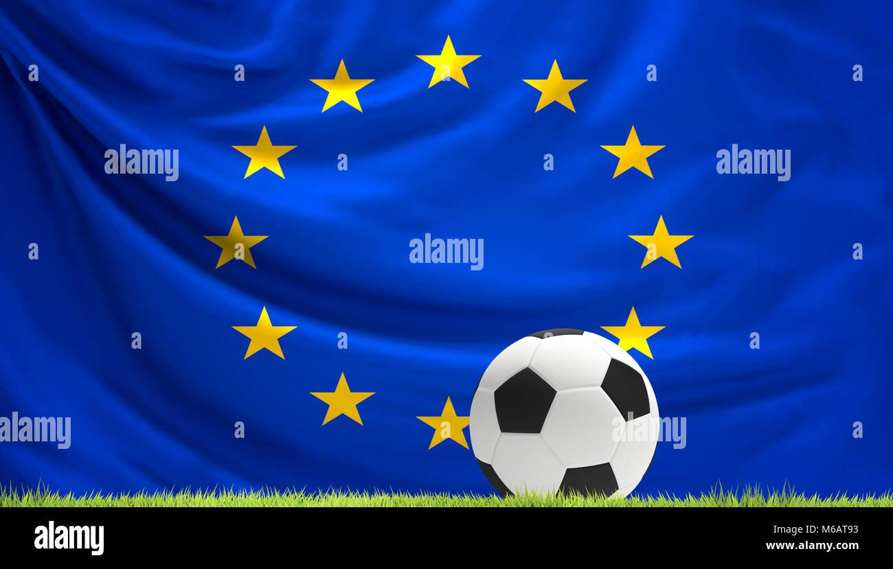 flag of Europe soccer football ball background with green lawn 3D ...