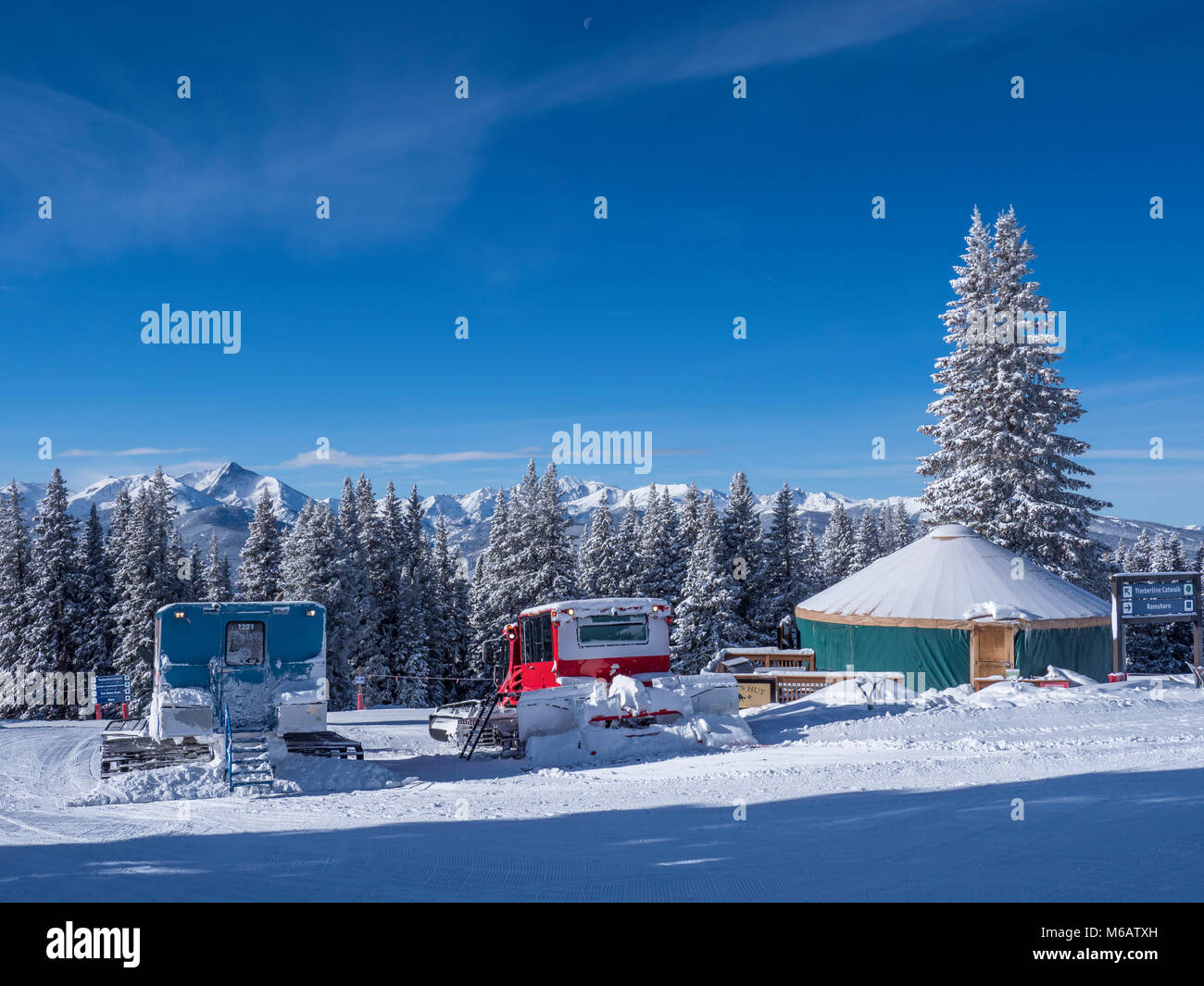 Snowcats beside Henry's Hut yurt, winter, Vail Ski Resort, Vail ...