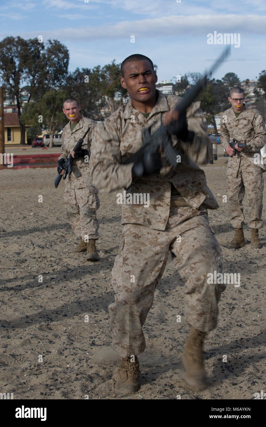 Recruits with Fox Company, 2nd Recruit Training Battalion, perform Marine Corps Martial Arts ...