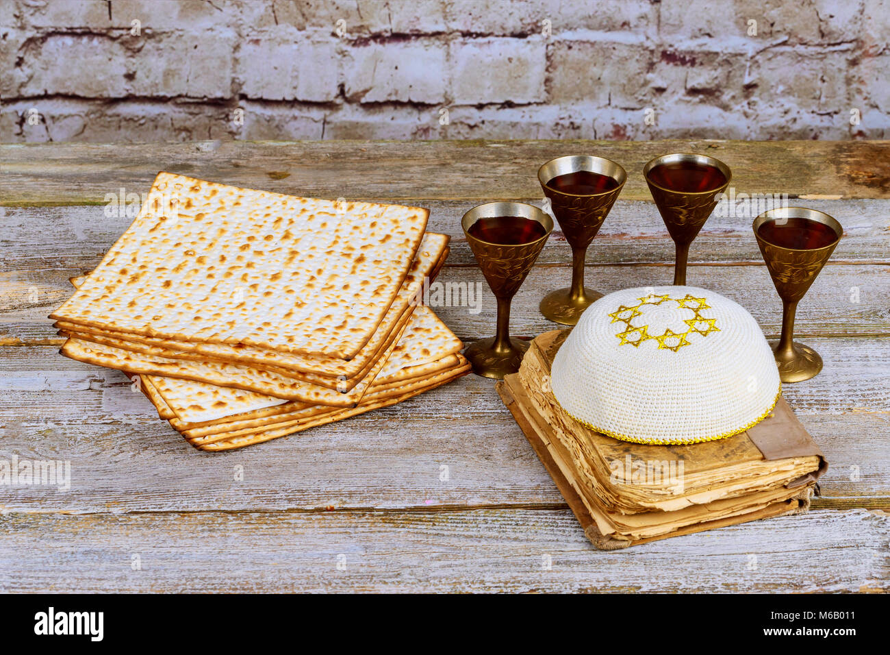 Symbols of Passover background. wine and matzoh jewish holiday bread ...
