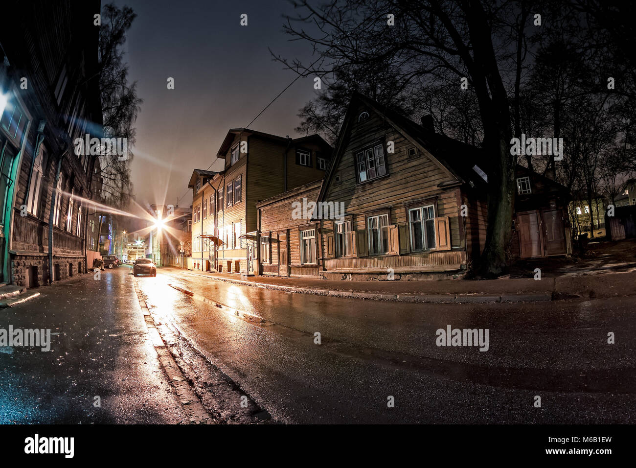 The nightly rain has poured on a quiet street at Tallinn, the capital ...