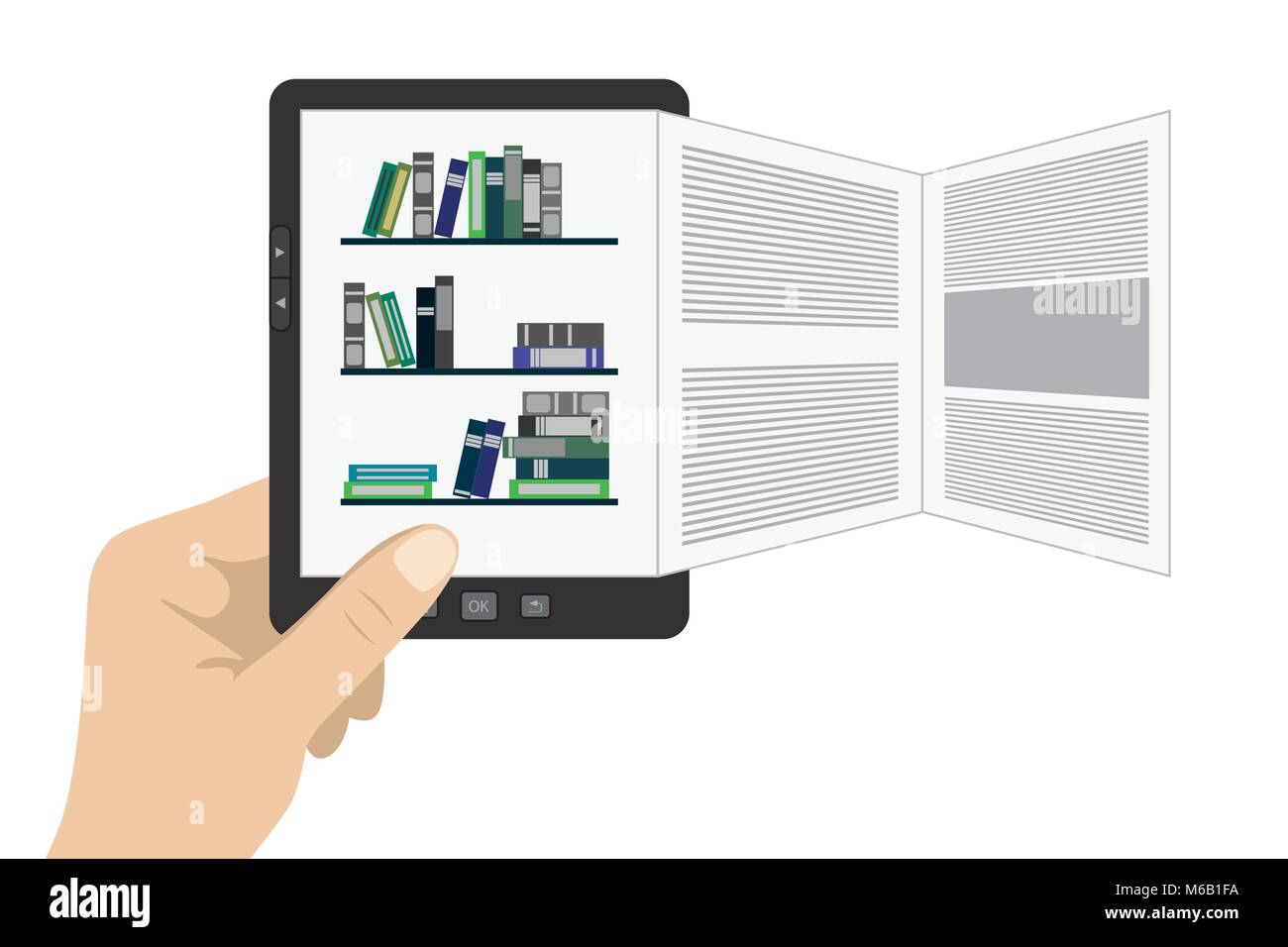 Hand holding portable modern tablet e-book reader with different pages ...