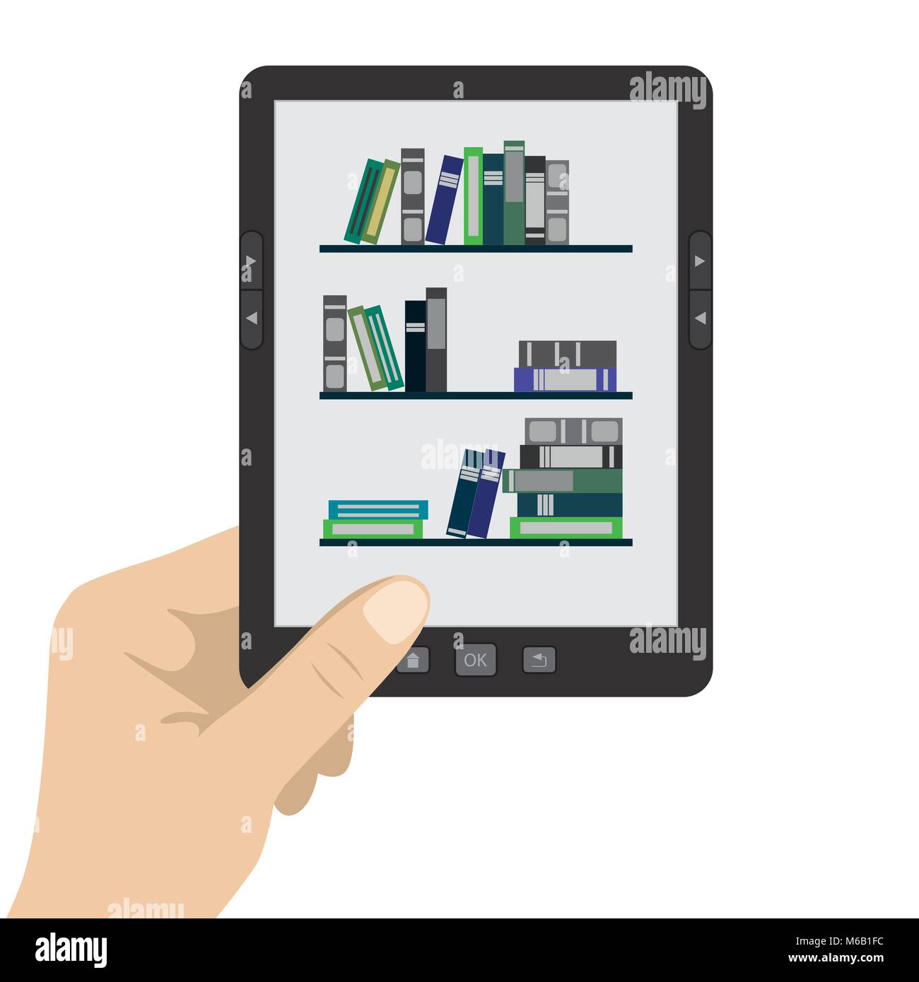 Vector illustration of a hand holding portable modern tablet e-book ...