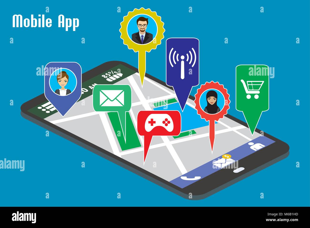 Different mobile applications and avatars on smart phone screen ,Flat ...