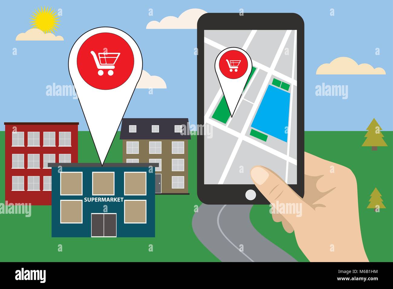 Mobile navigation concept vector illustration. Smartphone with gps city ...