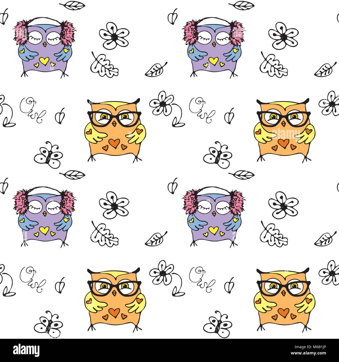 Vector seamless pattern with cute owls. hand drawing cartoon characters ...