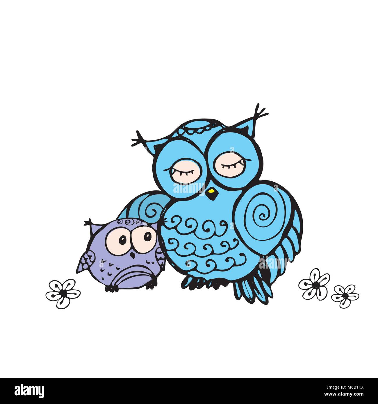 mother owl and owlet, isolated on white background, hand drawing vector ...