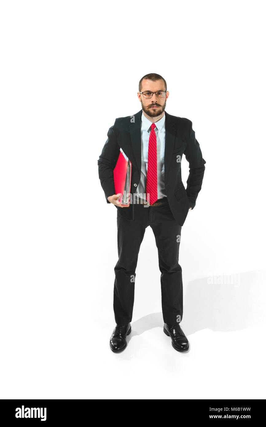 Full body portrait of businessman with folder on white Stock Photo - Alamy
