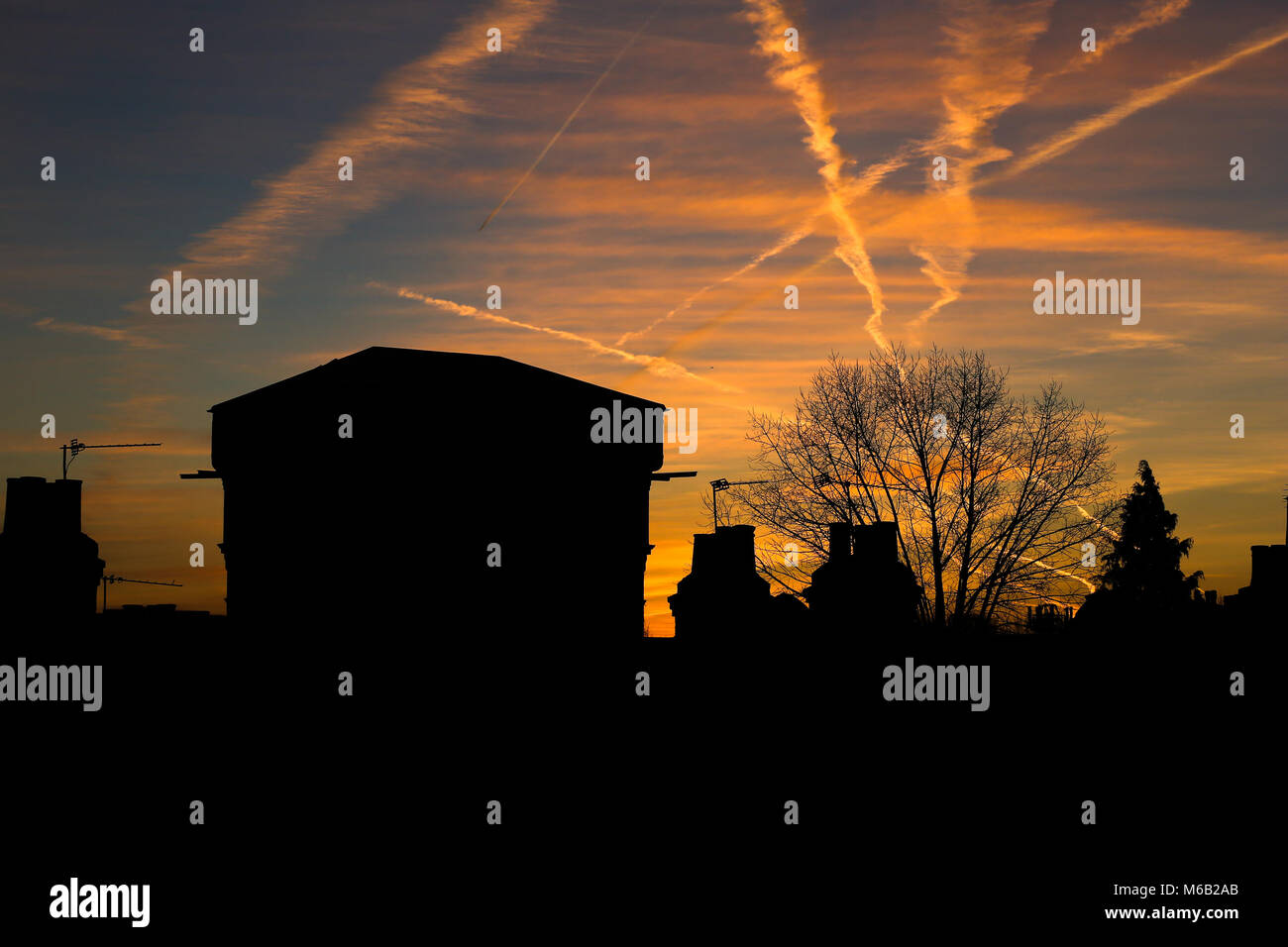 Colourful sunrise over north London on a cold morning. Featuring: View ...