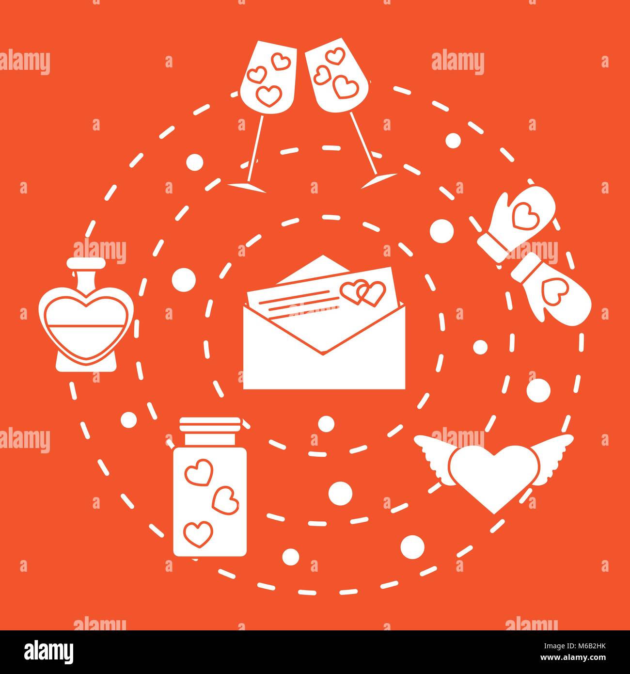 Romantic symbols arranged in a circle. Stemware, envelope with letter ...