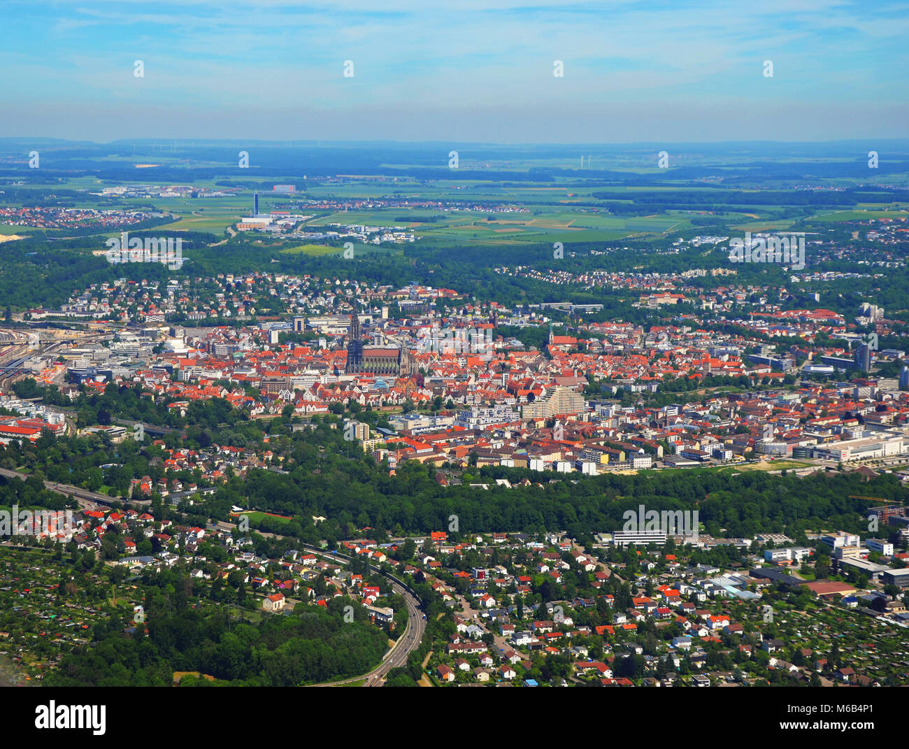 Closer Aerial view of Ulm Minster (Ulmer Münster) and Ulm, south ...