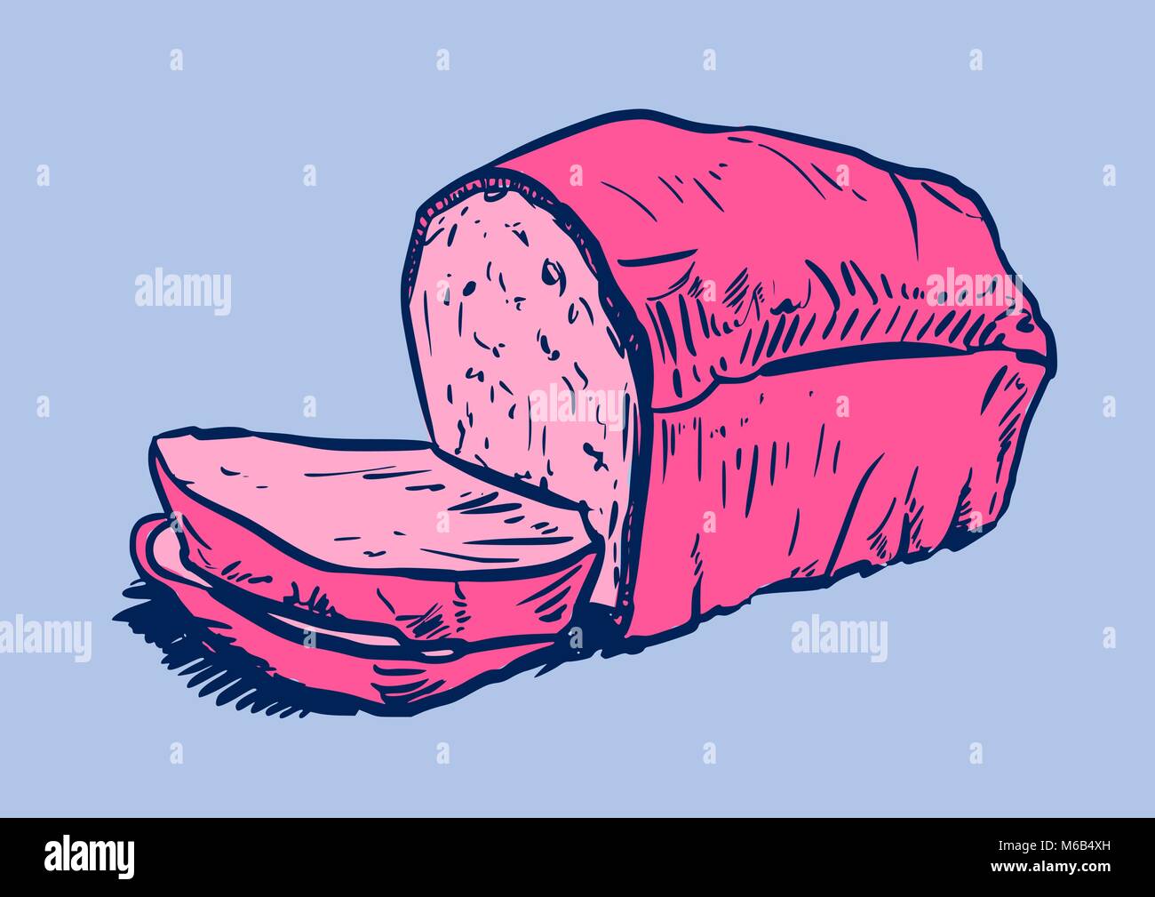 Bread. Illustration in pink and blue of a loaf of bread with slices to ...