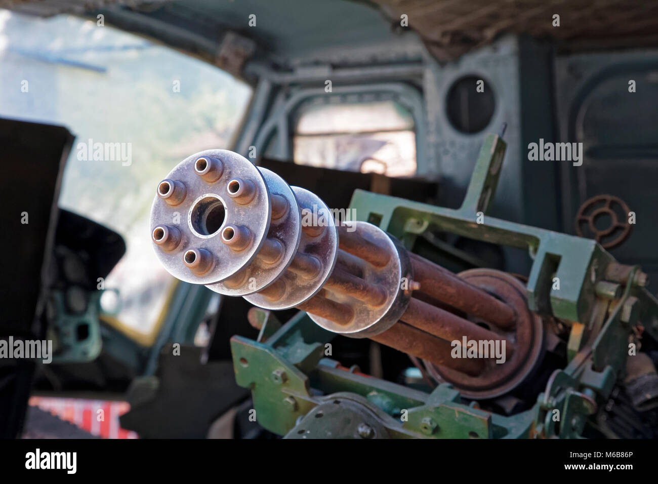 The M134 Minigun mounted inside a Huey helicopter at the War Remnants ...