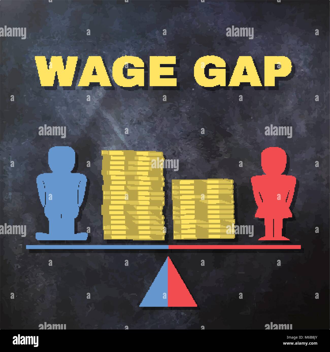 Wage gap concept illustration - male and female figures standing on a ...