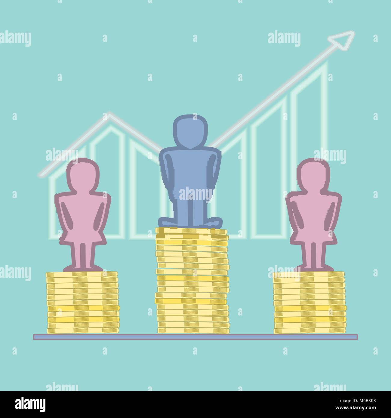 Male and female symbols standing on top of coin piles with bar graph at ...