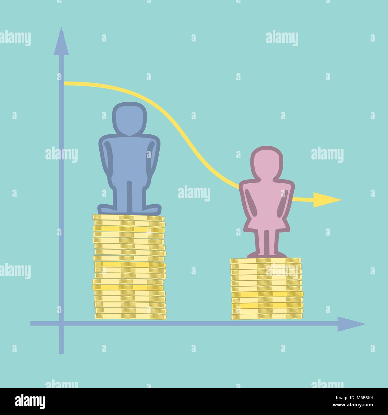 Male and female symbols standing on top of piles of coins with line ...