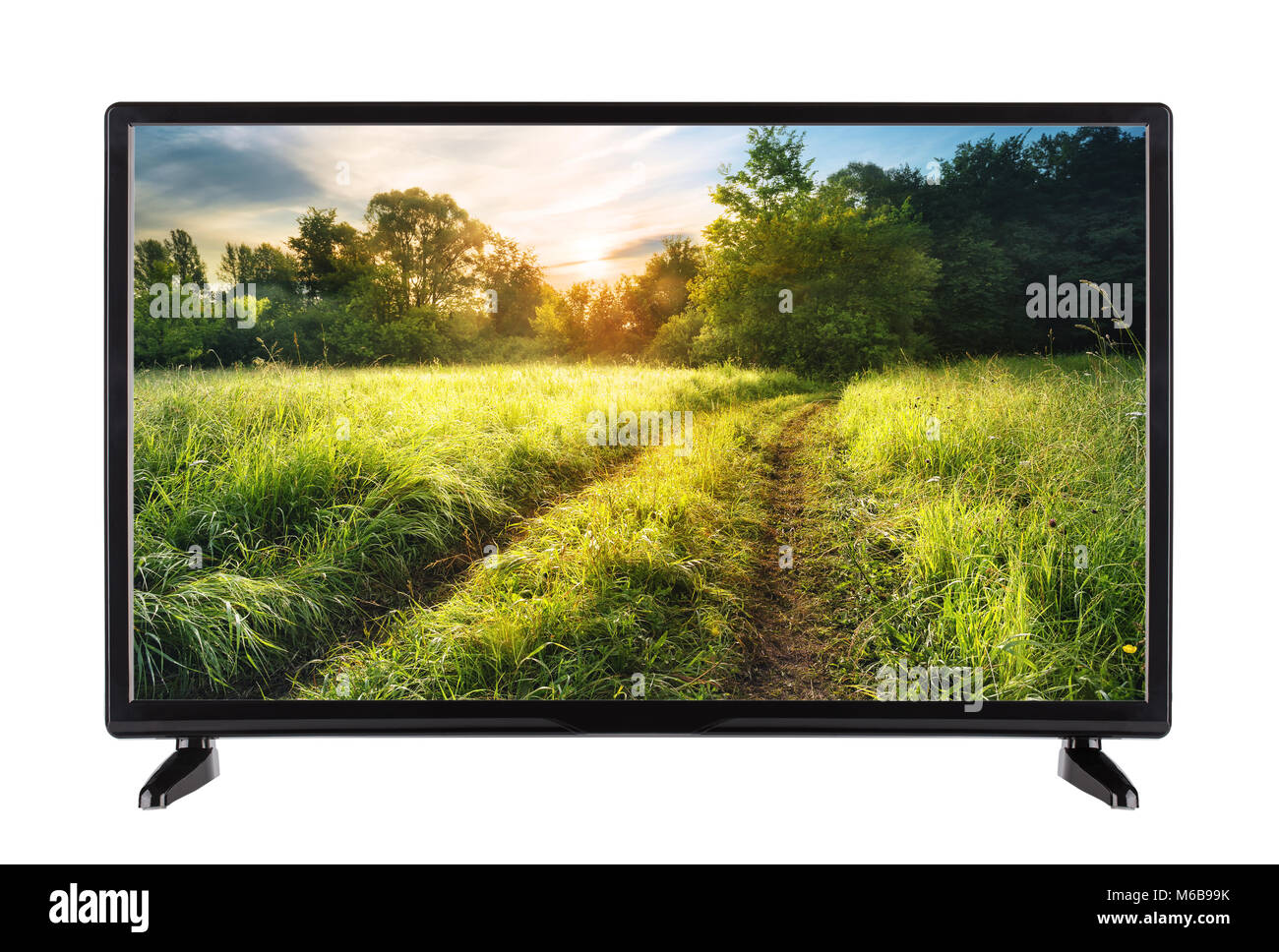 Modern high-definition television with road and green grass Stock Photo ...