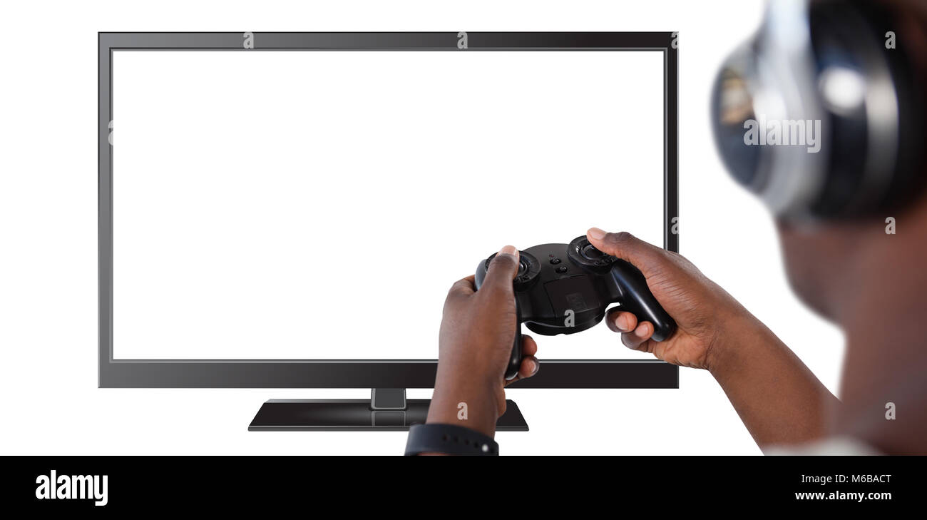Composite image of man playing video game against white background ...