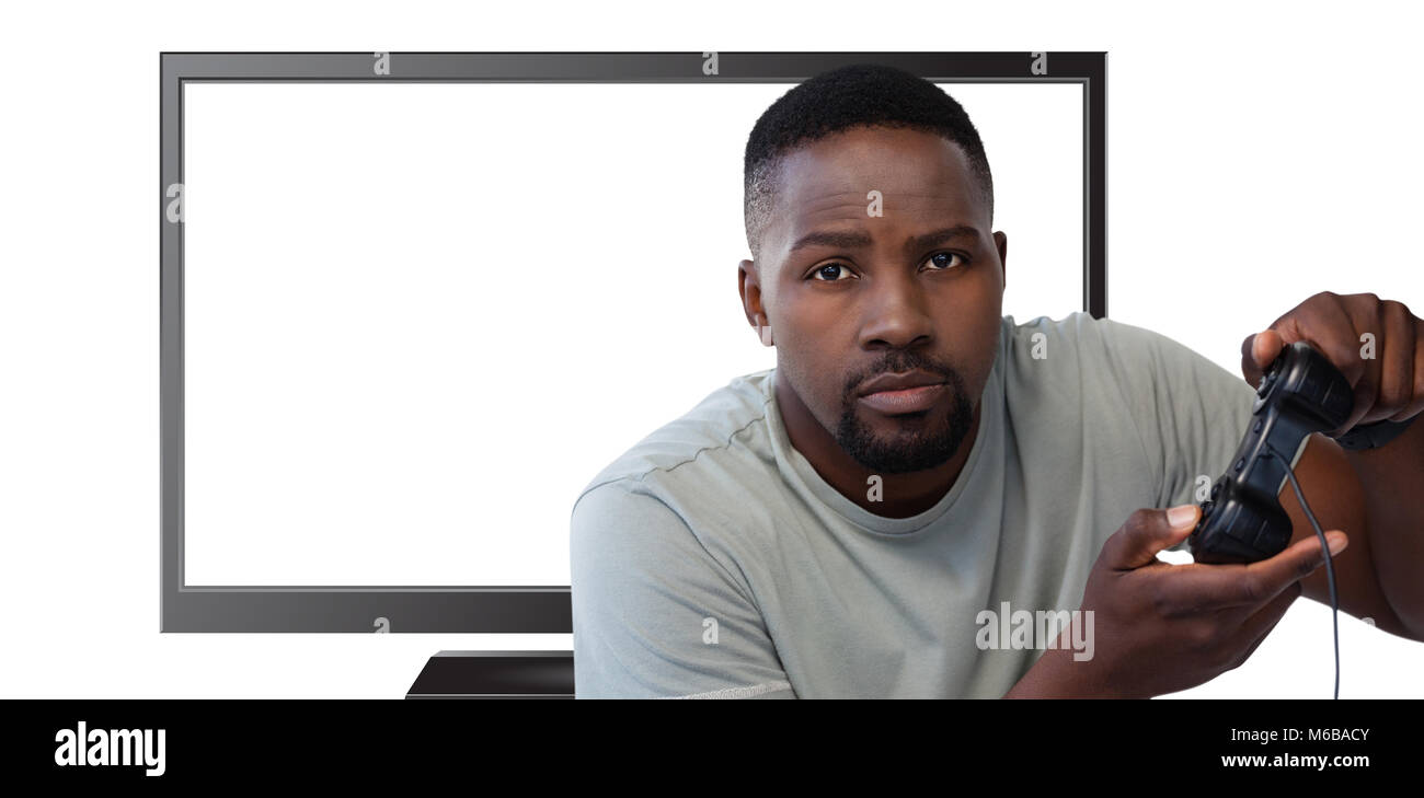 Composite image of man playing video game against white background ...