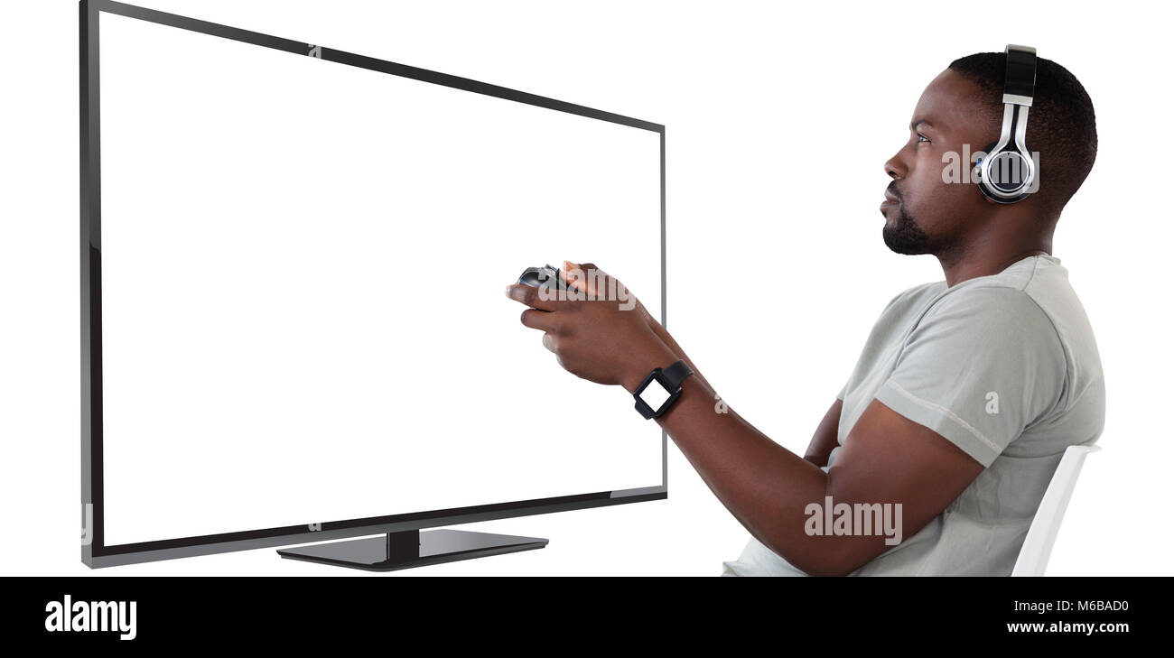 Composite image of man playing video game against white background ...
