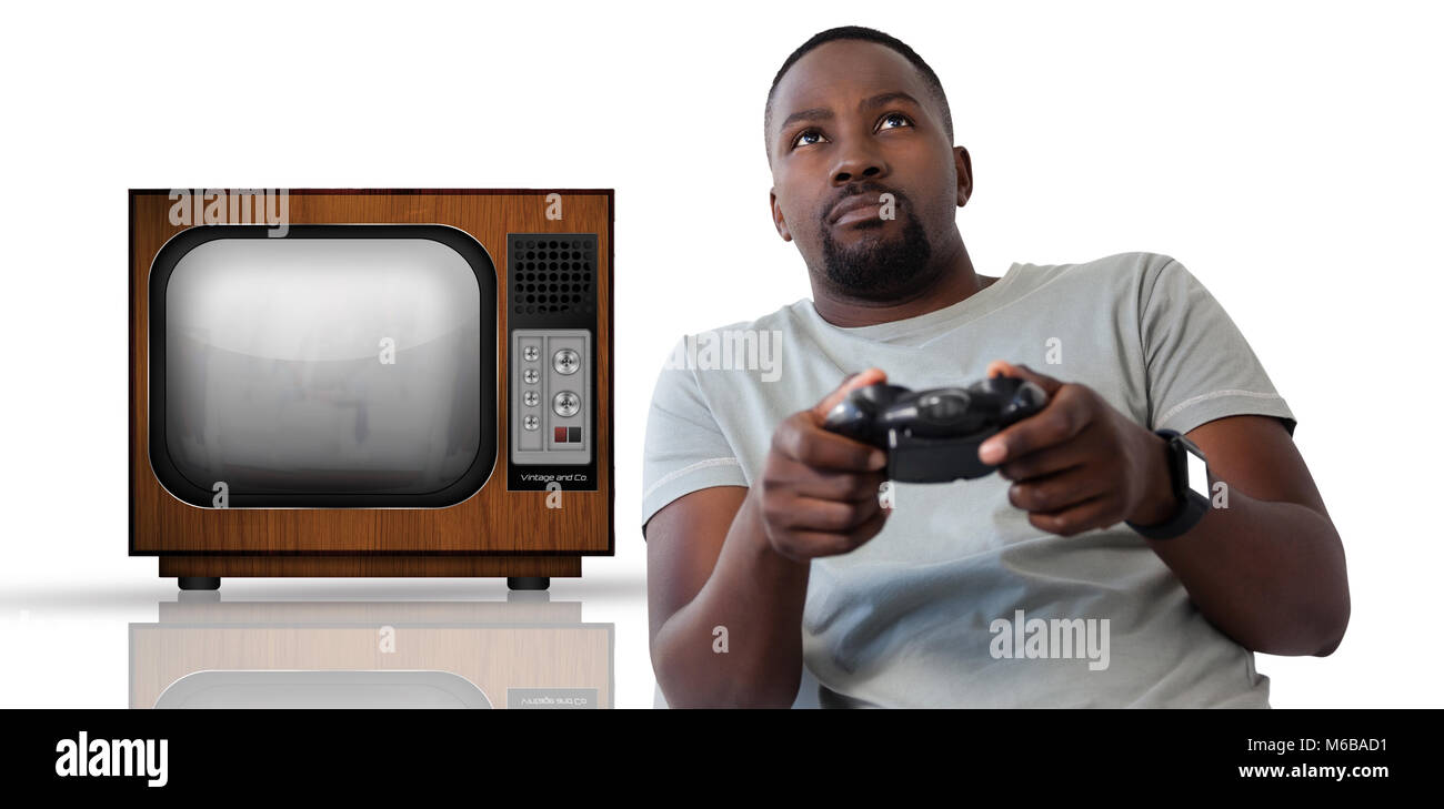 Composite image of man playing video game against white background ...