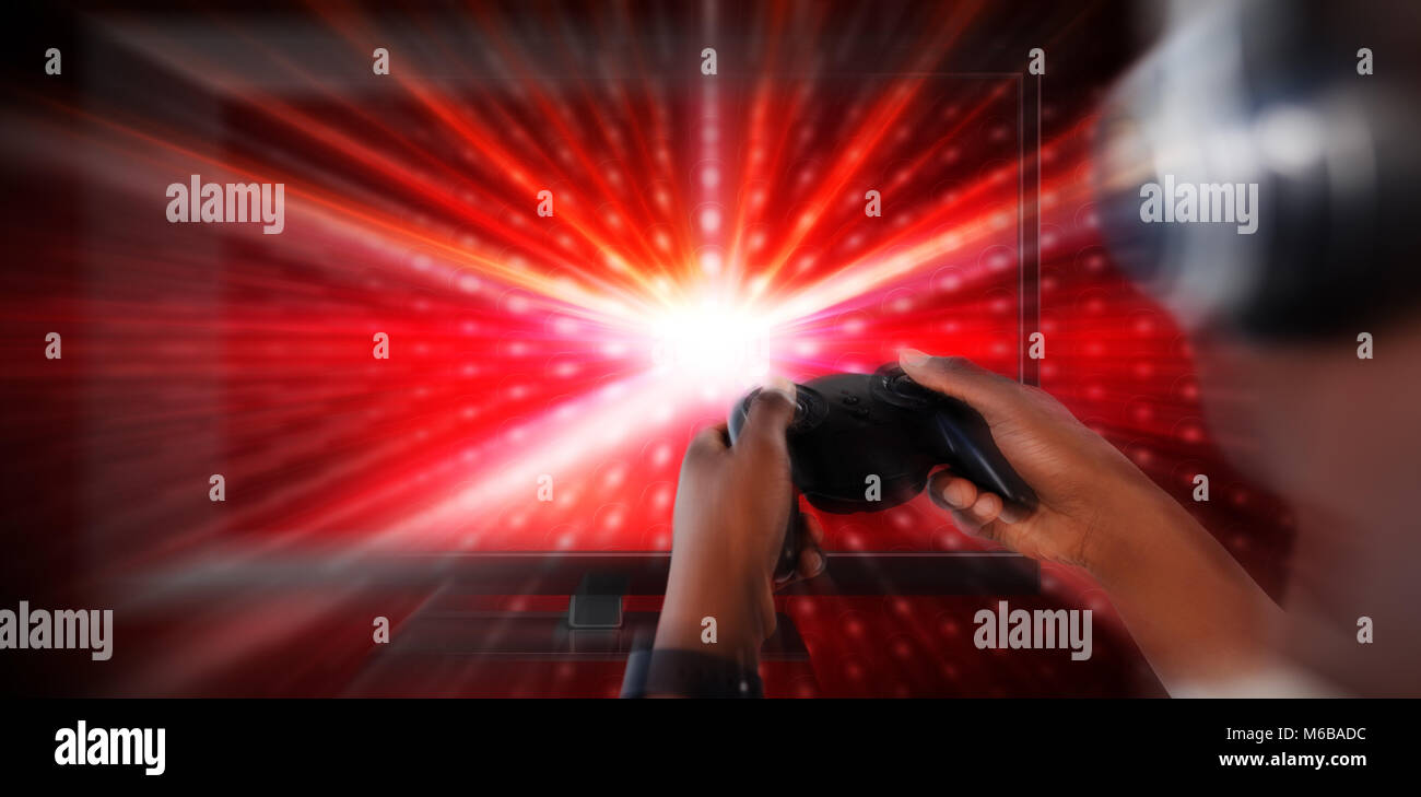Composite image of man playing video game against white background ...