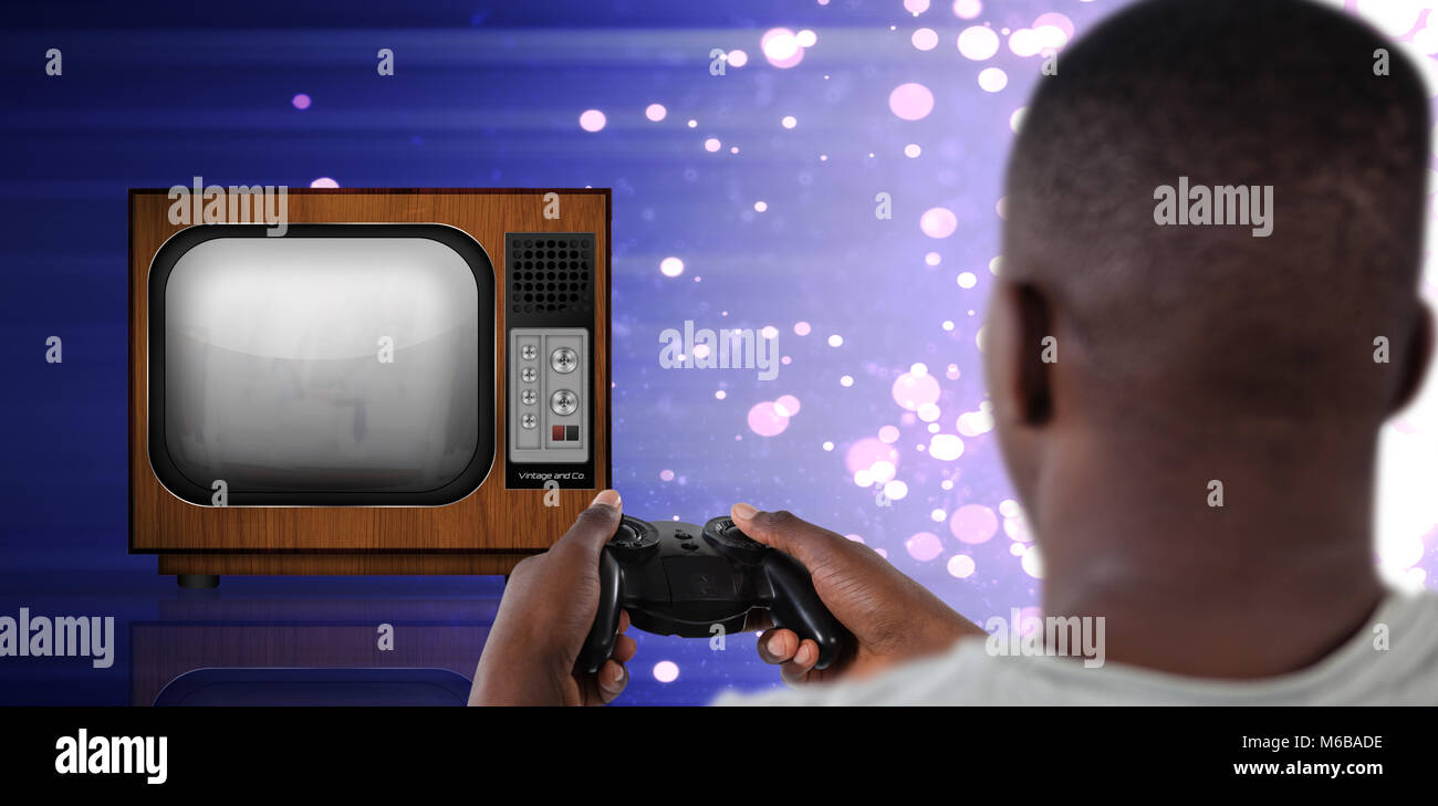 Composite image of man playing video game against white background ...