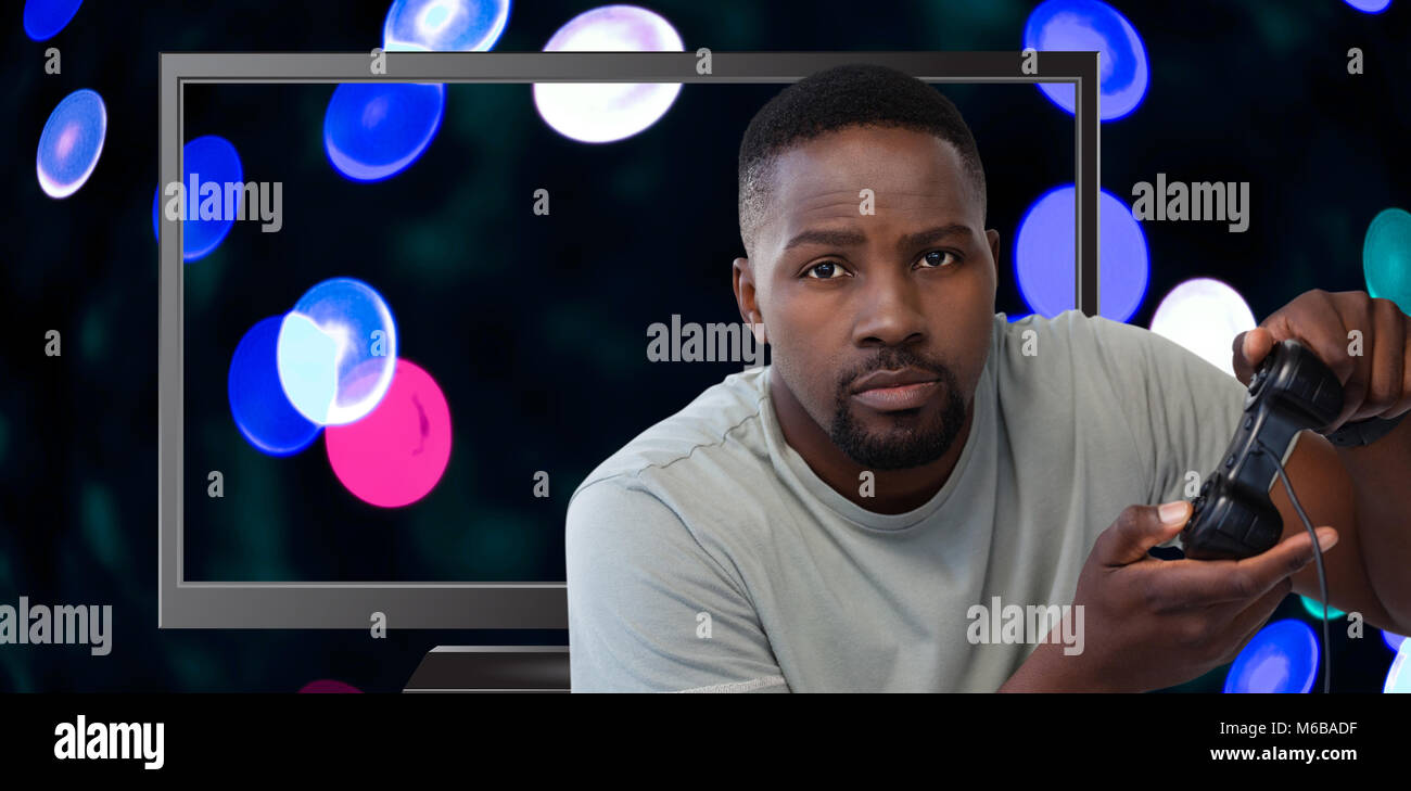 Composite image of man playing video game against white background ...