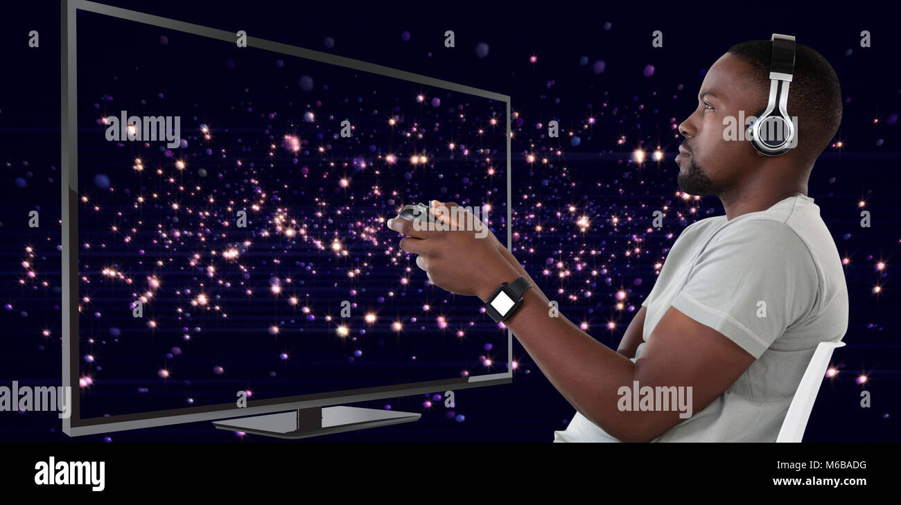 Composite image of man playing video game against white background ...