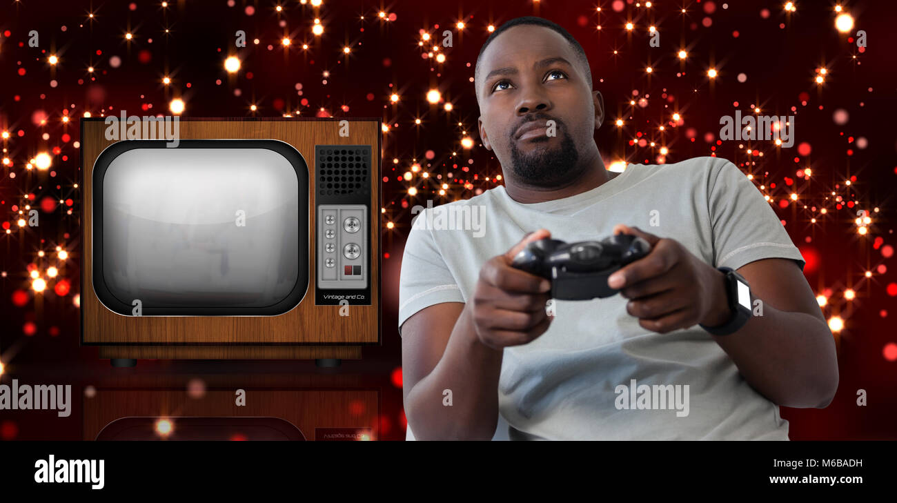 Composite image of man playing video game against white background ...