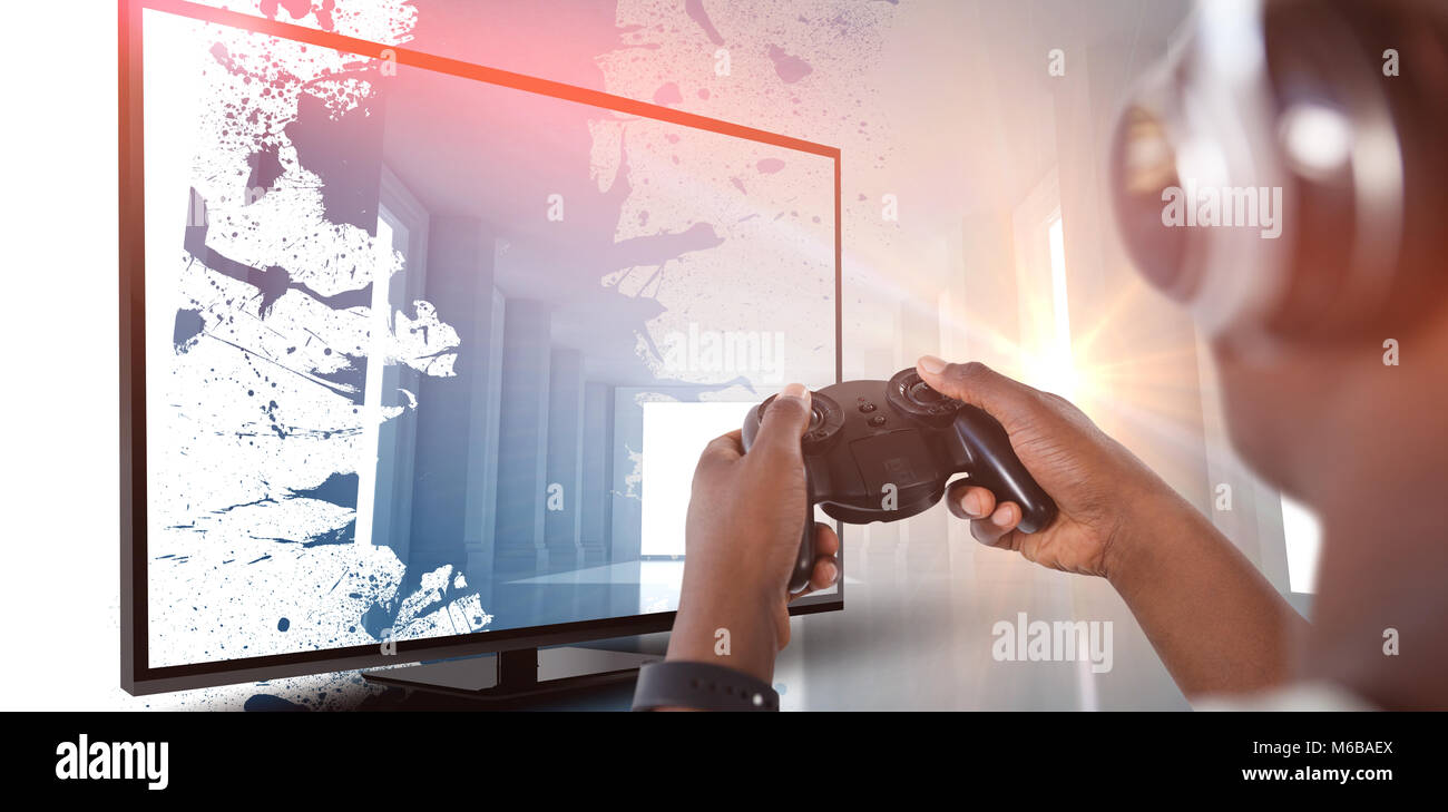 Composite image of man playing video game against white background ...