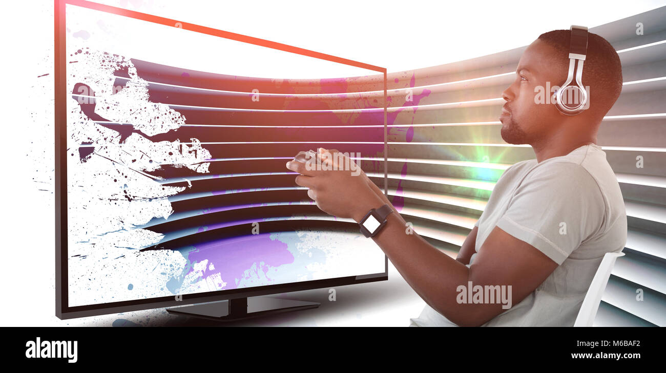 Composite image of man playing video game against white background ...