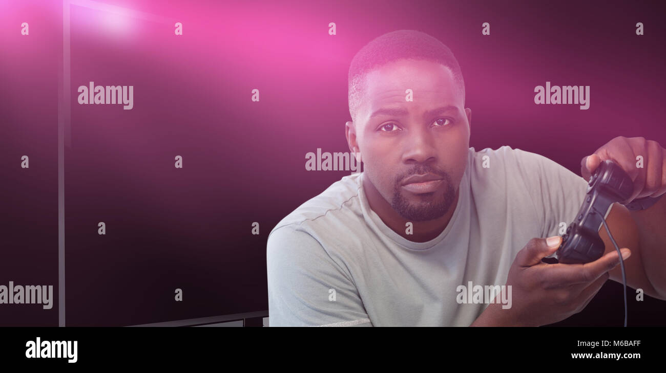 Composite image of man playing video game against white background ...
