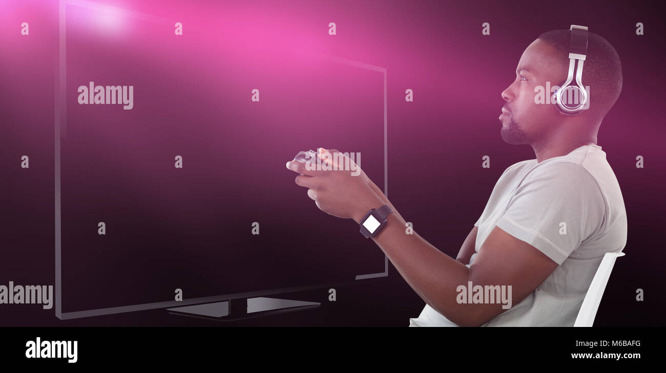 Composite image of man playing video game against white background ...
