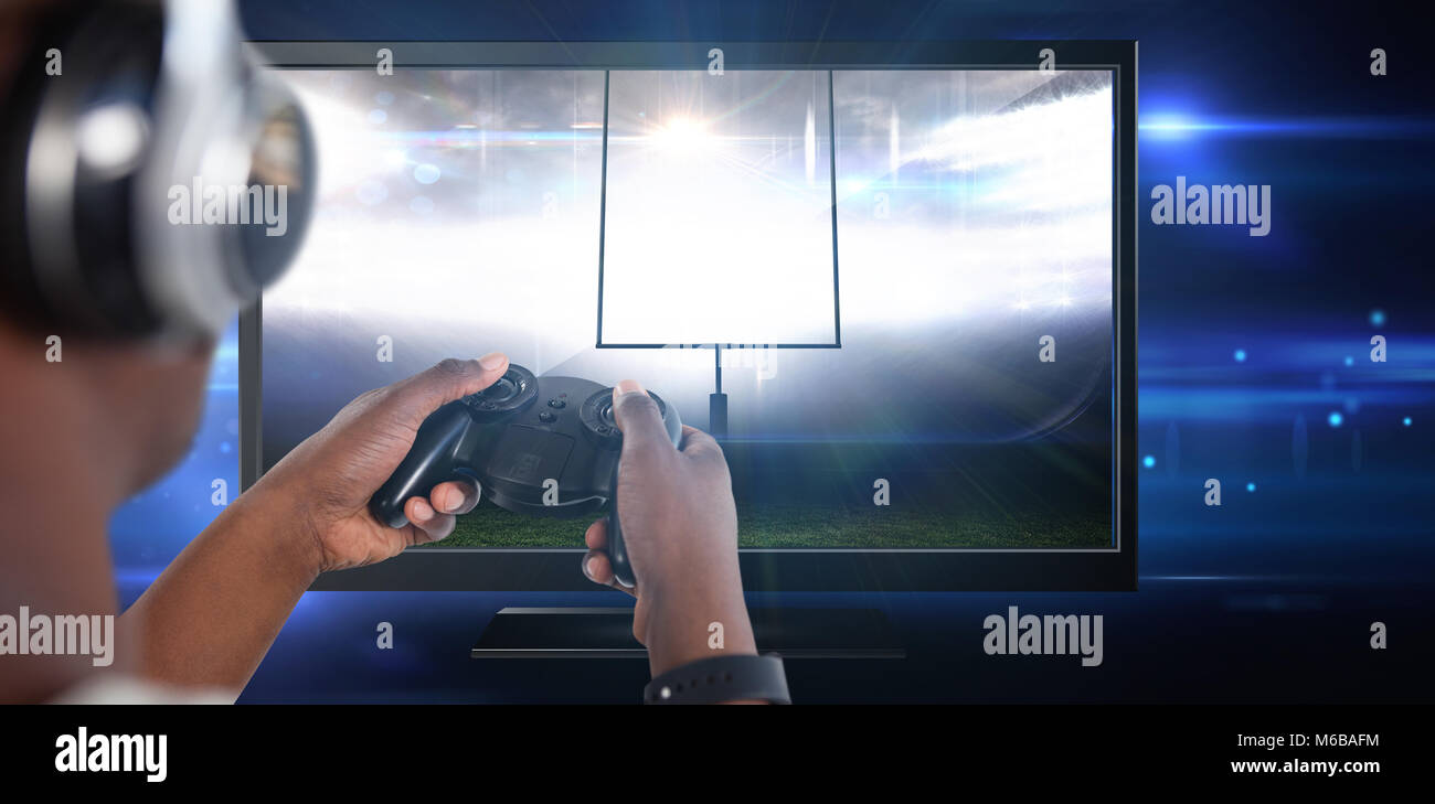 Composite image of man playing video game against white background ...
