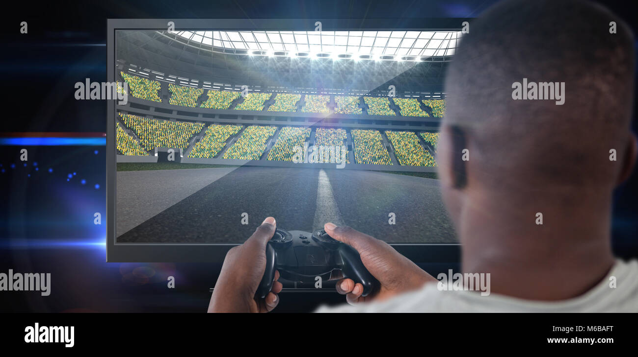 Composite image of man playing video game against white background ...