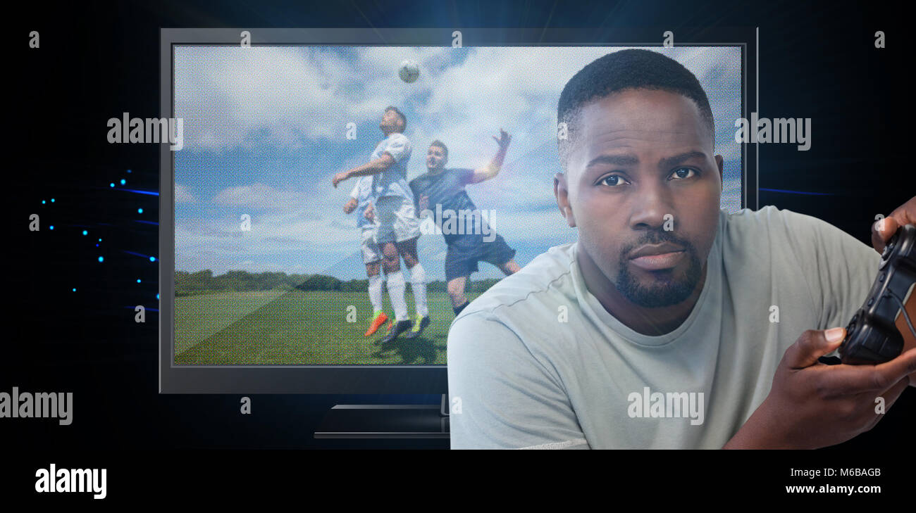 Composite image of man playing video game against white background ...
