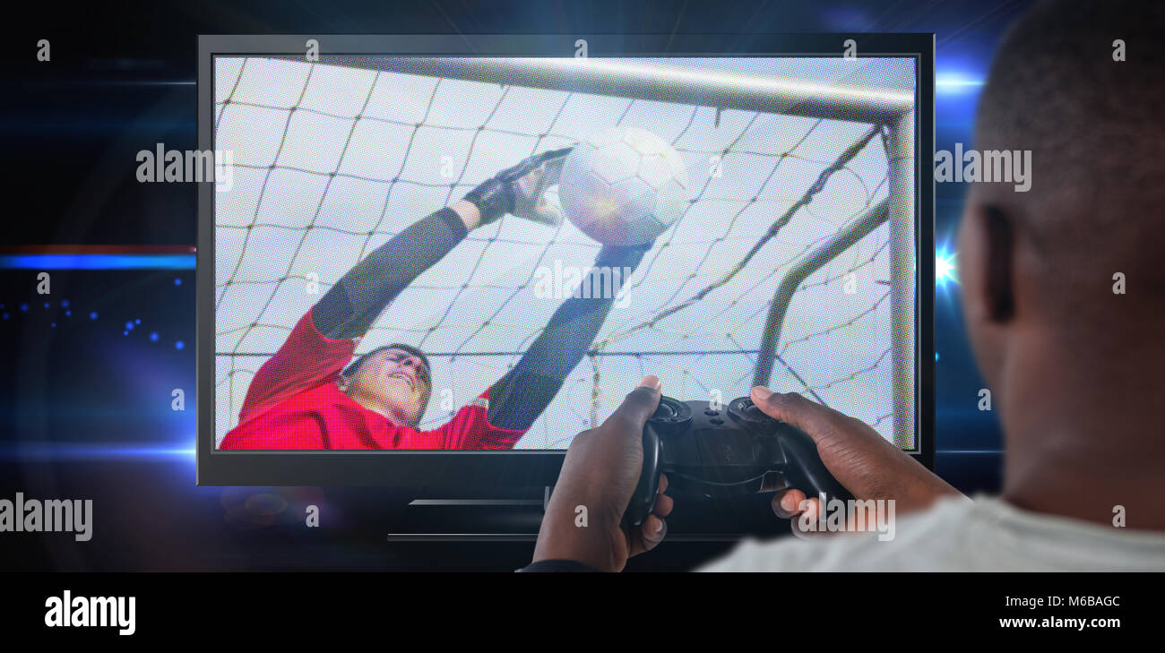 Composite image of man playing video game against white background ...