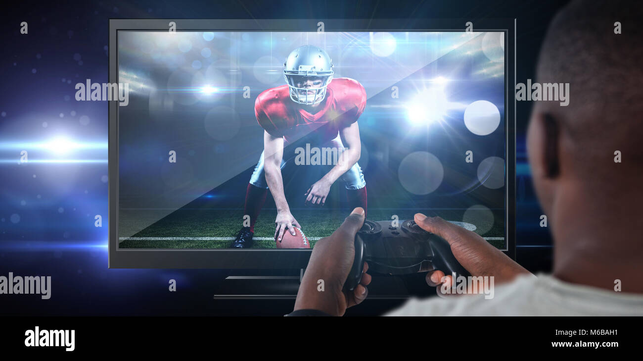 Composite image of man playing video game against white background ...