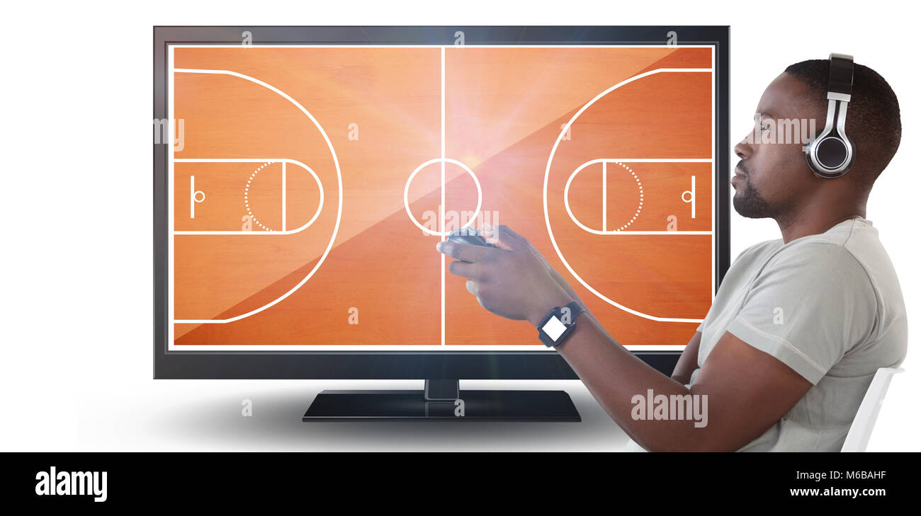 Composite image of man playing video game against white background ...