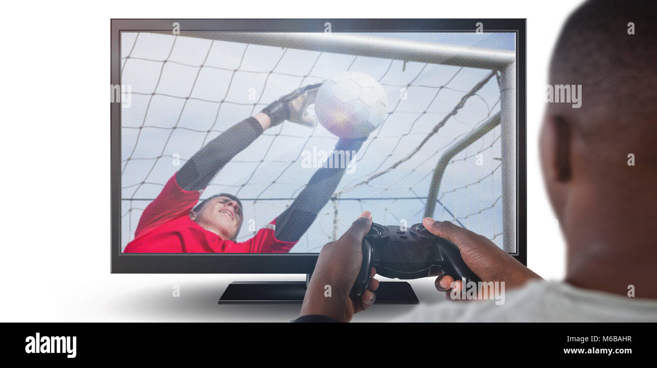 Composite image of man playing video game against white background ...