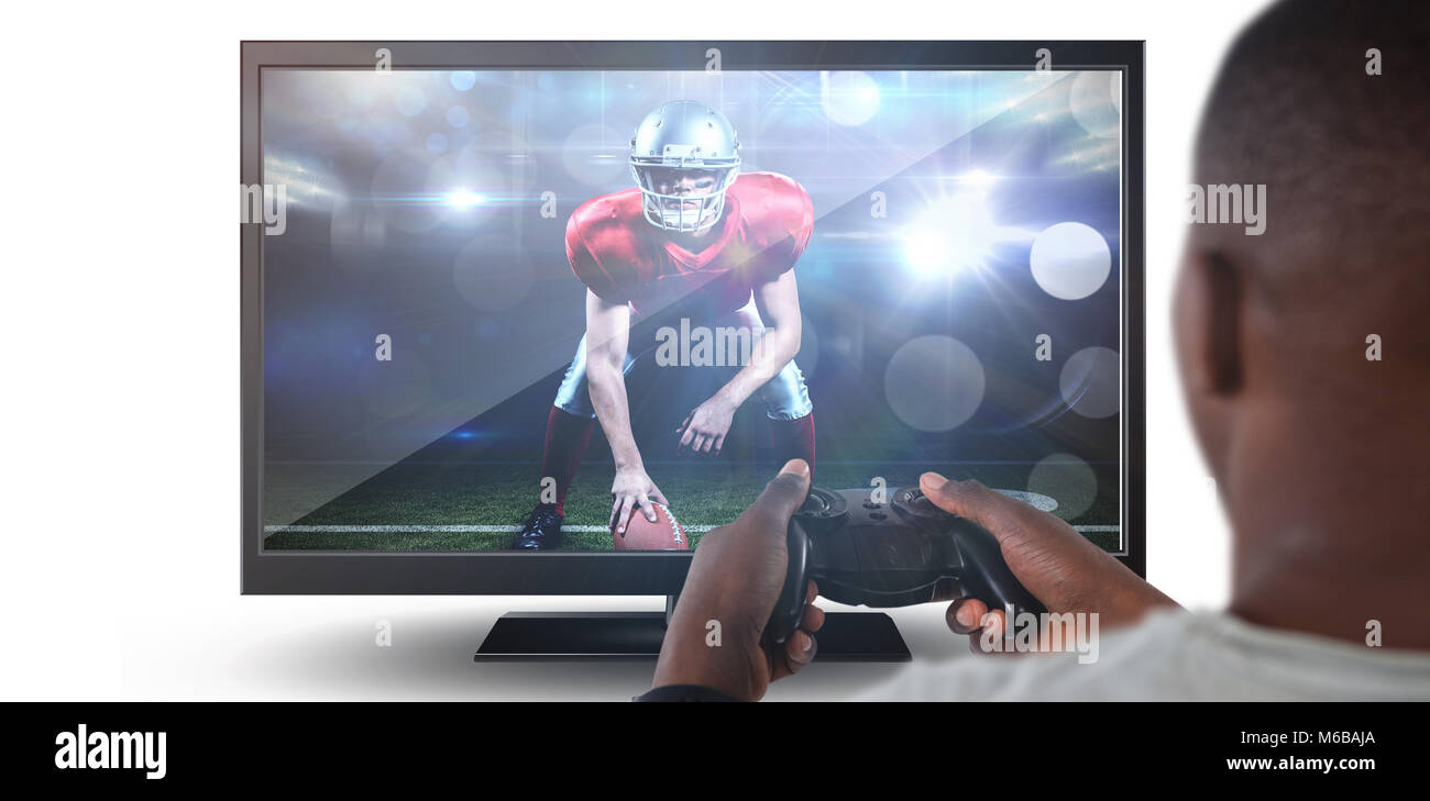 Composite image of man playing video game against white background ...