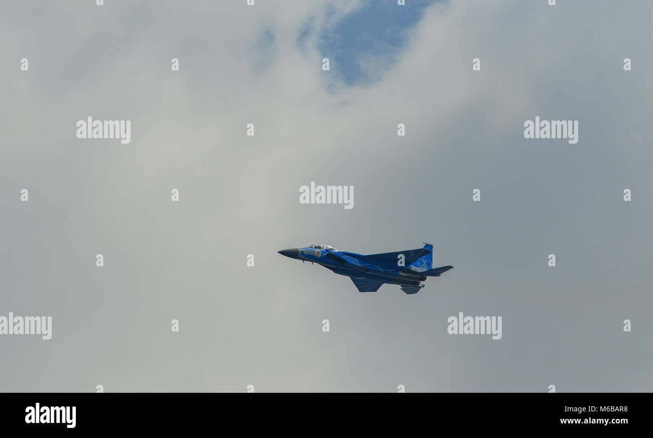 Singapore - Feb 10, 2018. A F-15SG 50 Years RSAF Sky Blue Livery flying ...