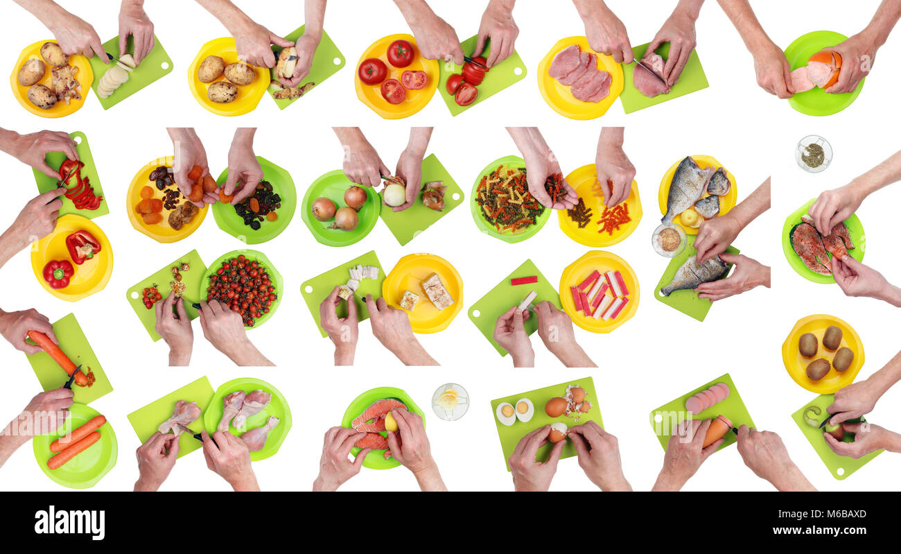 Chef cook with a knife and hands is cut food on kitchen board. Isolated ...