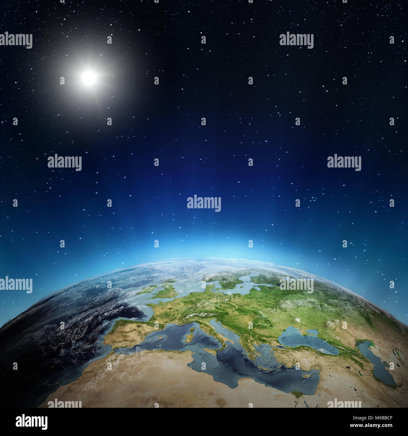 Europe sunrise 3d rendering planet Stock Photo - Alamy