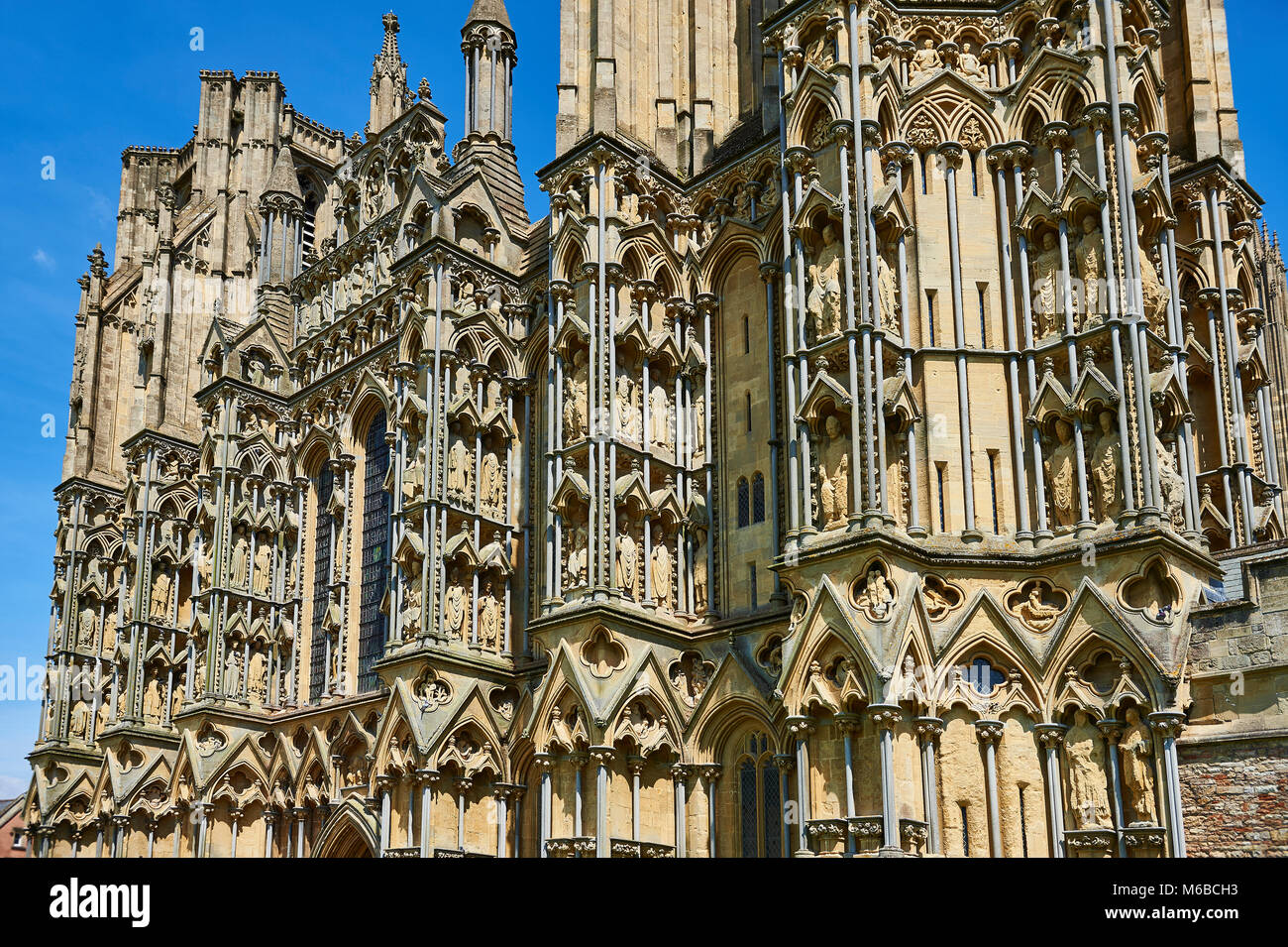 The facade of the the medieval Wells Cathedral built in the Early ...