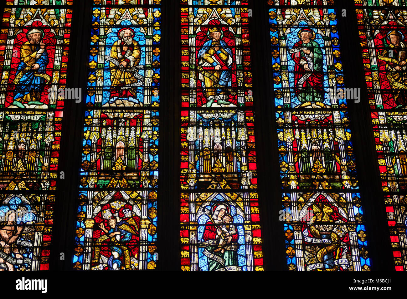 Stained glass of the medieval Wells Cathedral built in the Early ...