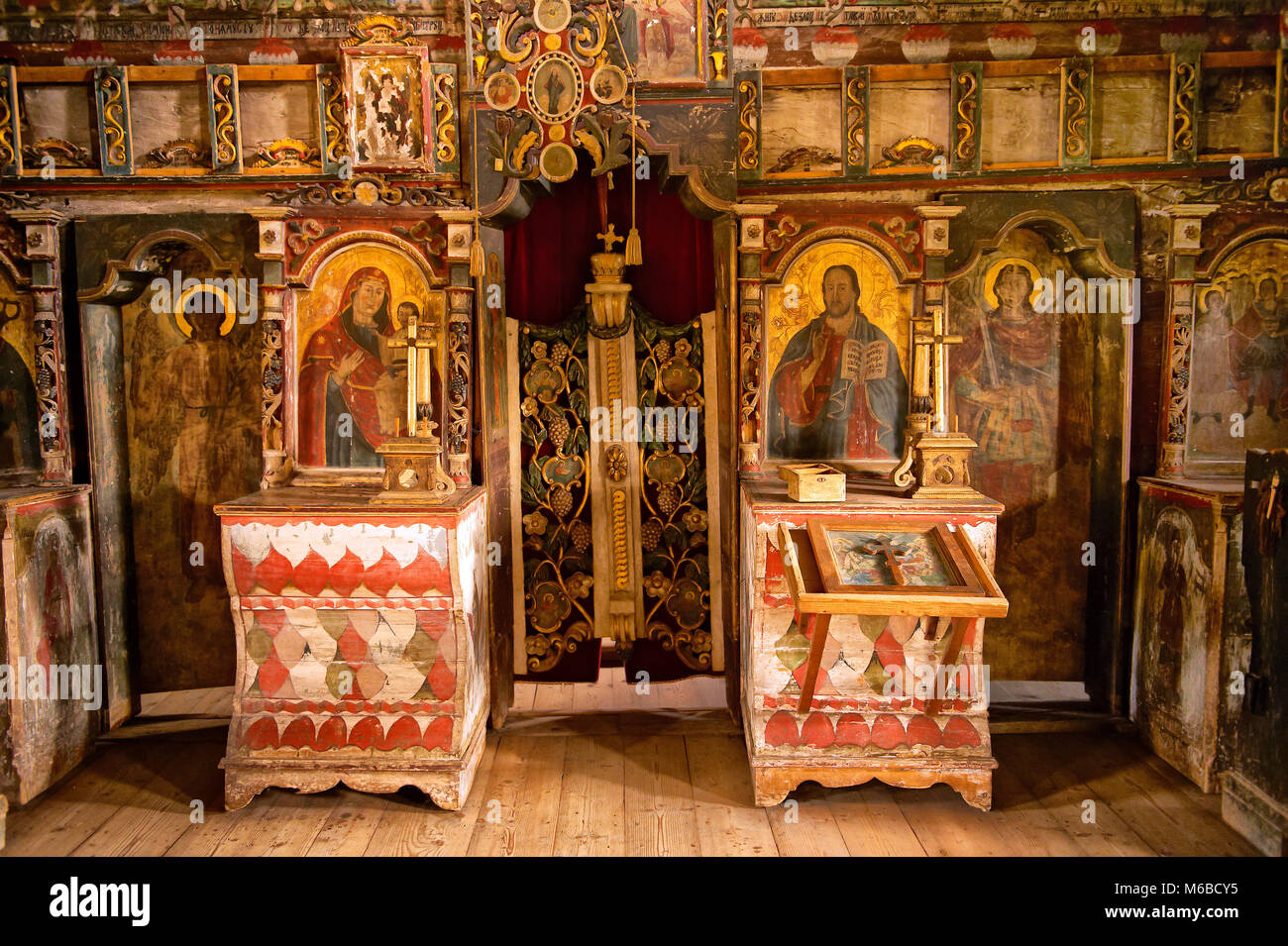 Naive folk christian frescoes in the interior of the Orthodox Wooden ...